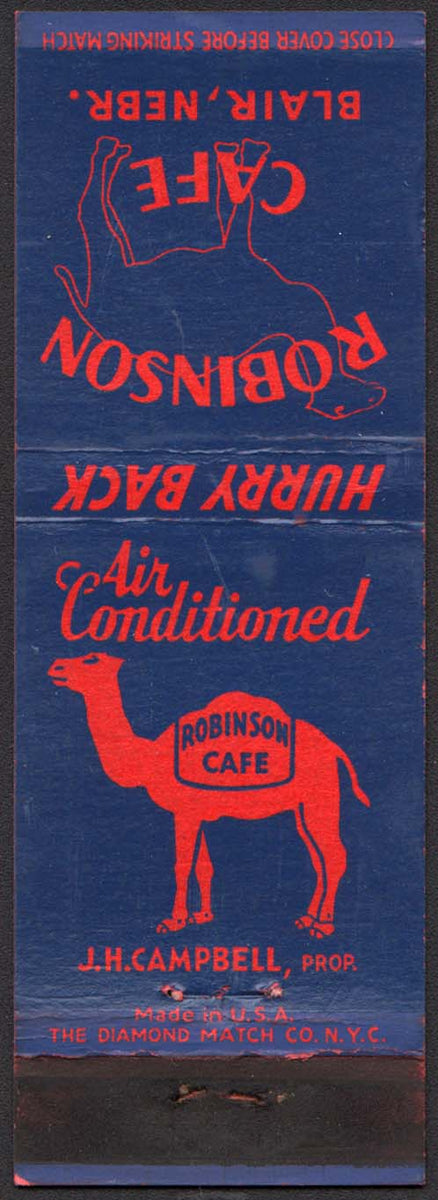 Vintage matchbook cover ROBINSON CAFE J H Campbell Prop camel pictured ...