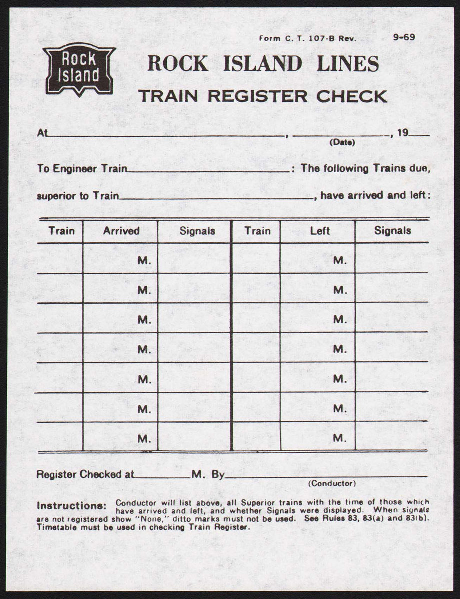 Vintage form ROCK ISLAND LINES railroad Train Register Check new old s ...
