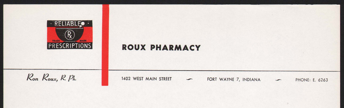 Vintage letterhead ROUX PHARMACY Prescription Ron Roux Fort Wayne Indi ...