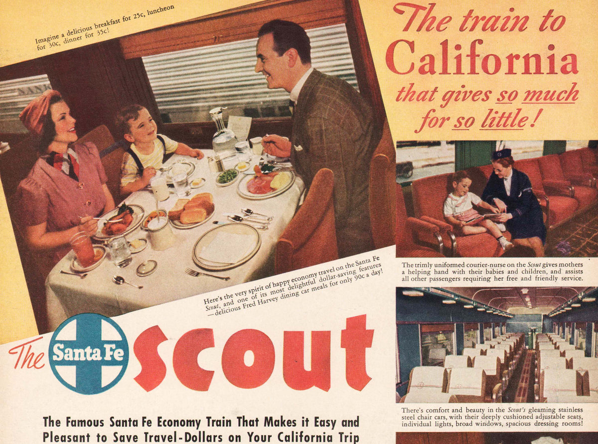 Vintage magazine ad THE SANTA FE SCOUT from 1940 Economy Train cars pi ...