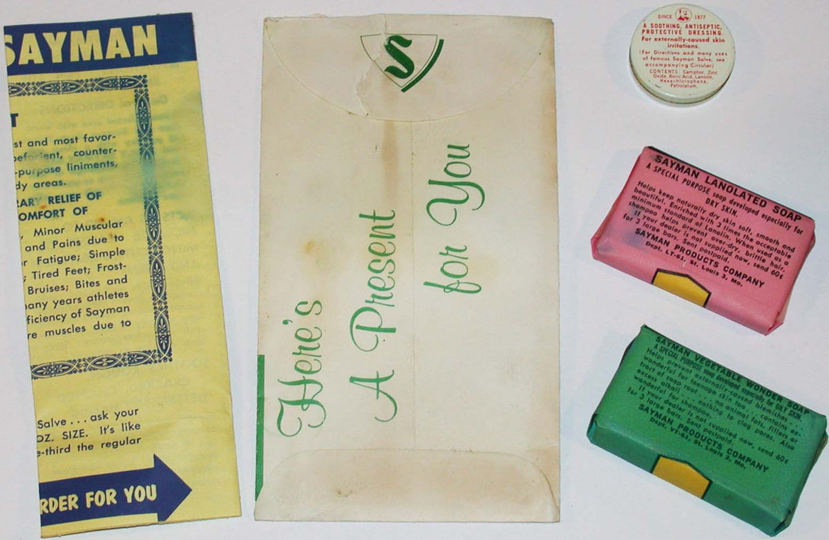 Vintage salesman sample SAYMAN SALVE tin and 2 bars of soap in origina ...