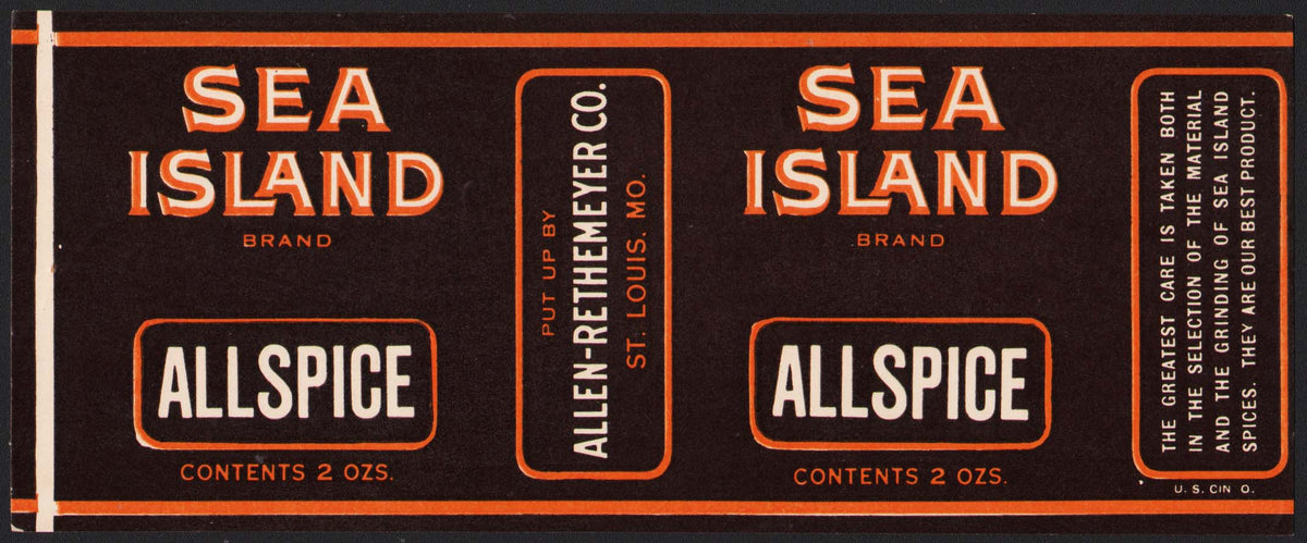 Vintage label SEA ISLAND BRAND spice Allspice Allen Rethemeyer Co St L ...