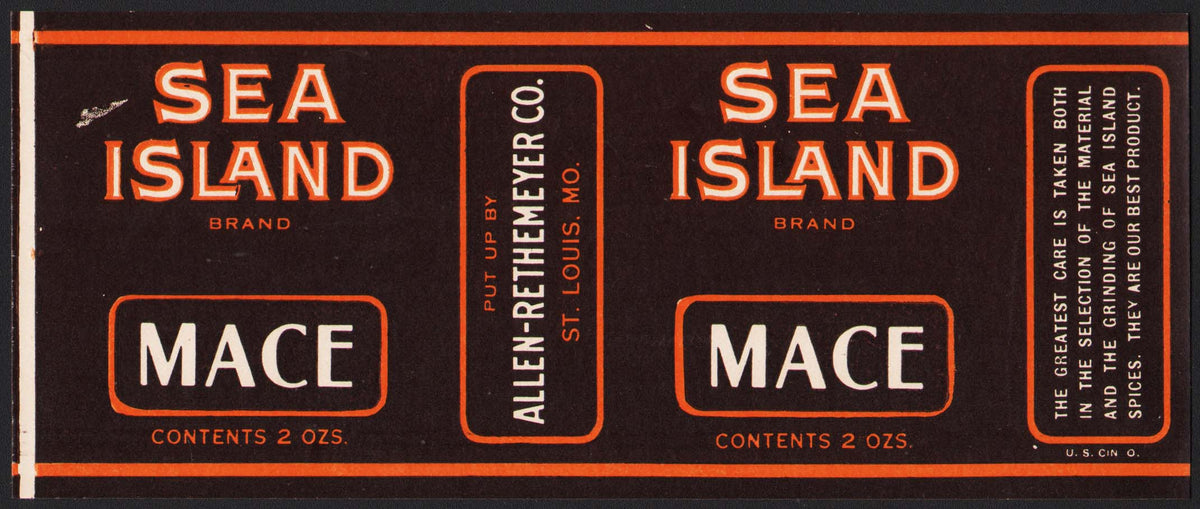 Vintage label SEA ISLAND BRAND spice Mace Allen Rethemeyer Co St Louis ...