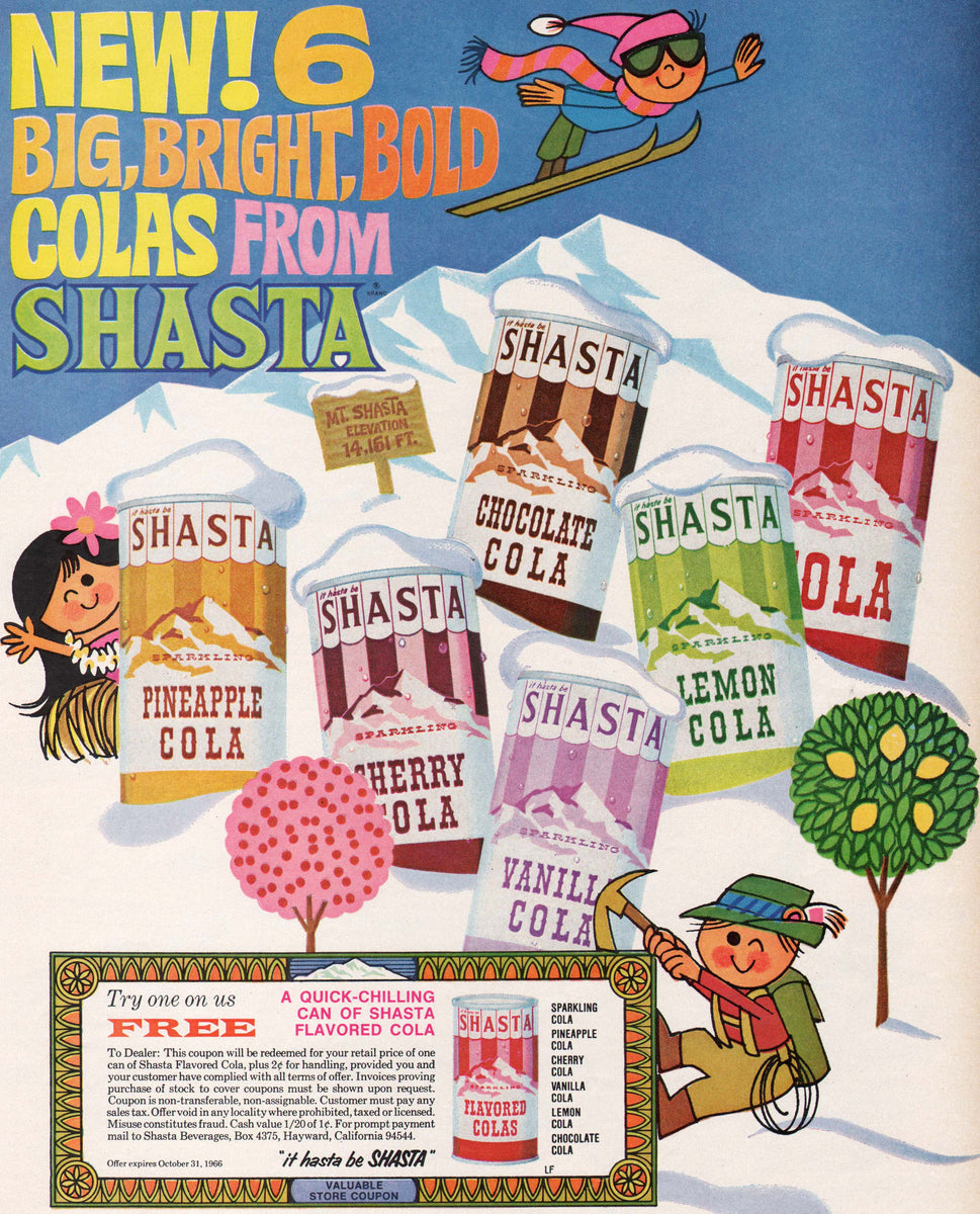 Vintage magazine ad SHASTA COLA 1966 flattop cans six flavors Mt Shast ...
