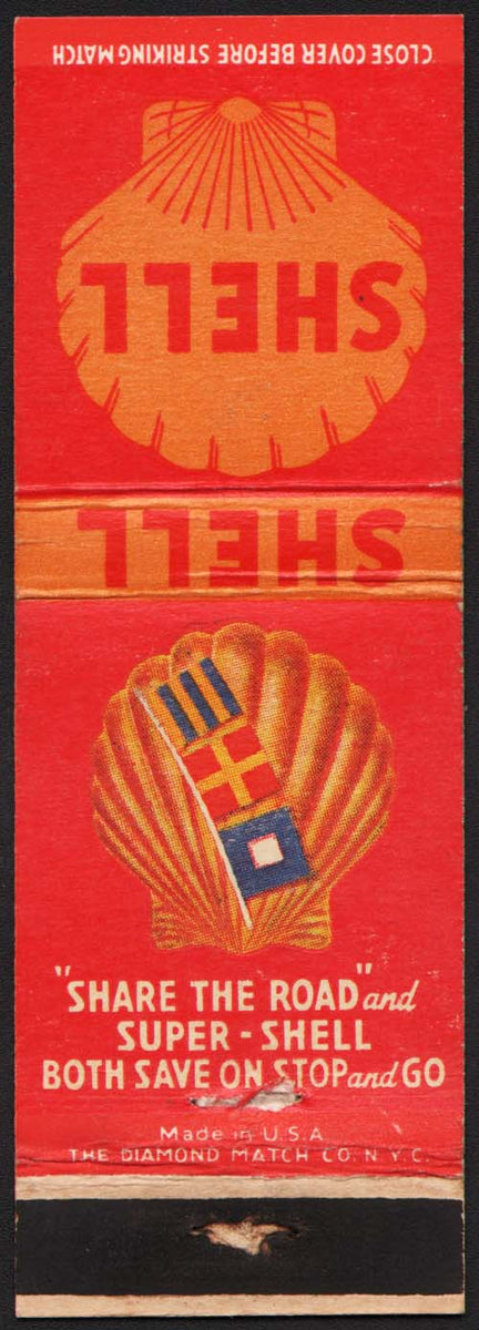 Vintage matchbook cover SHELL gas oil Share the Road Super Shell clams ...