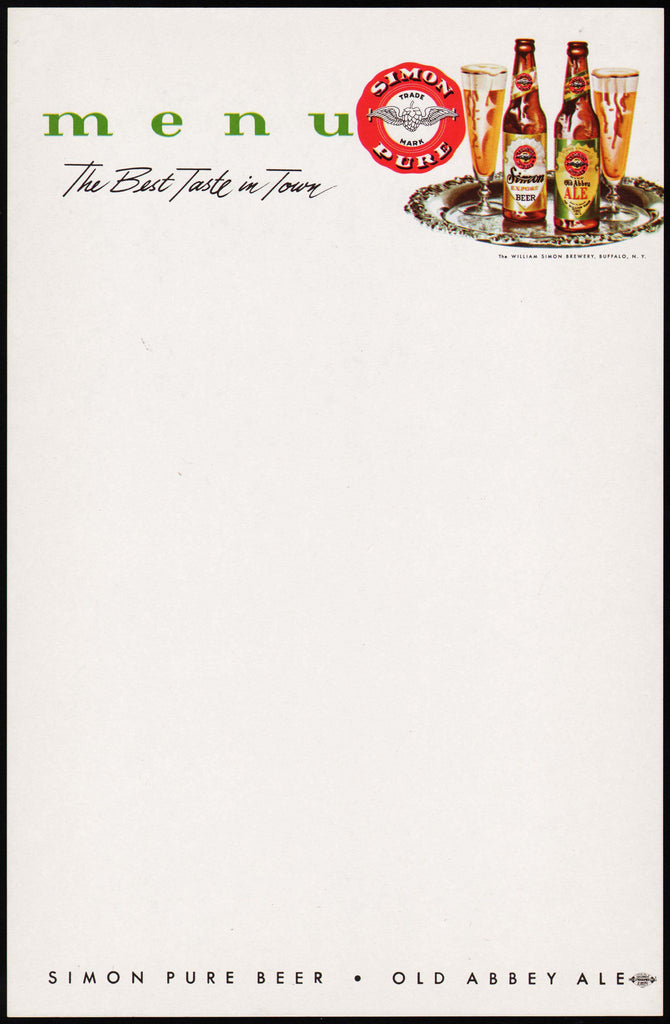 Vintage menu SIMON PURE BEER Old Abbey Ale bottles pictured new old st ...