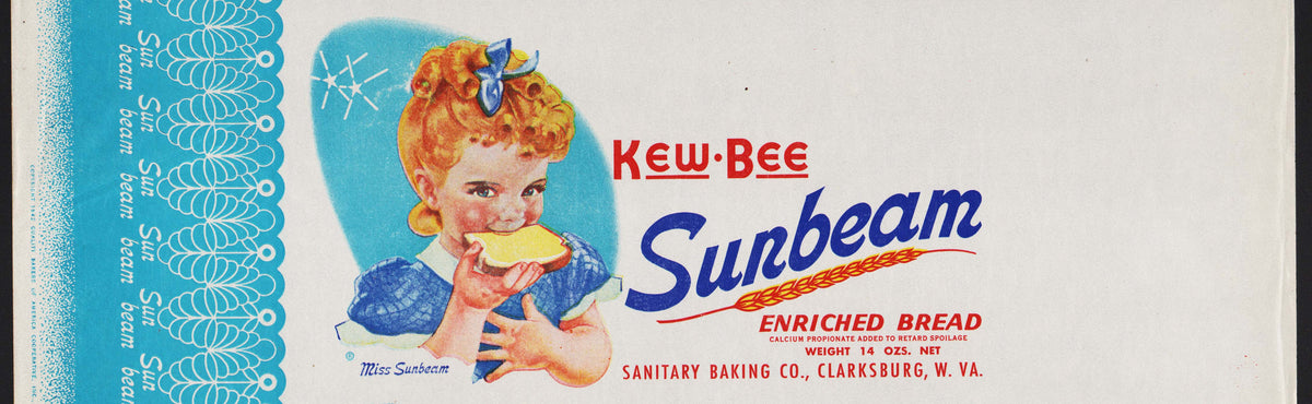Vintage bread wrapper SUNBEAM KEW BEE dated 1942 Miss Sunbeam girl Cla ...