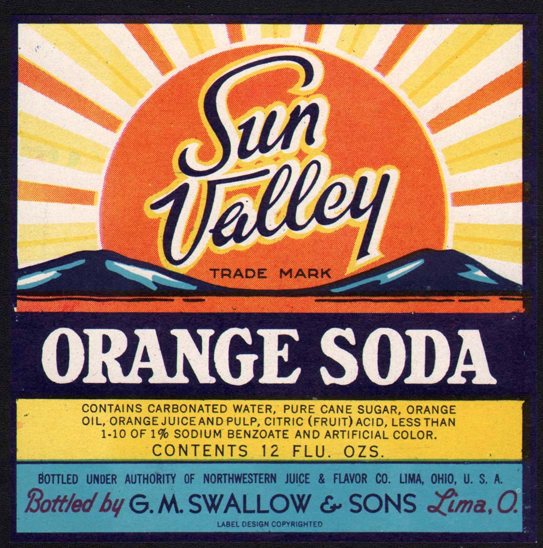 Vintage soda pop bottle label SUN VALLEY ORANGE SODA Swallows Lima Ohi ...