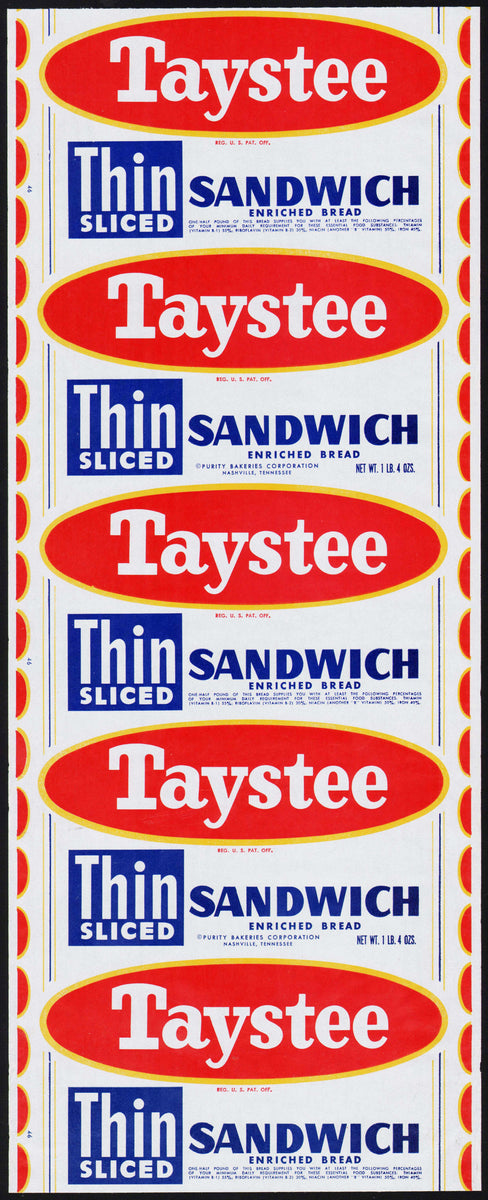 Vintage bread wrapper TAYSTEE THIN SANDWICH Purity Bakeries Nashville ...