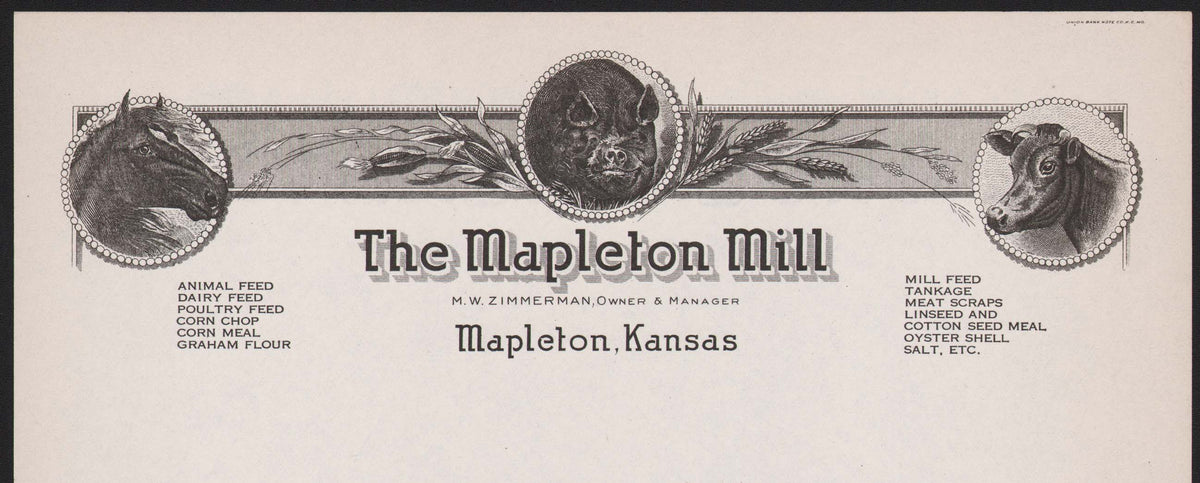 Vintage letterhead THE MAPLETON MILL Zimmerman horse pig cow pics Kans ...