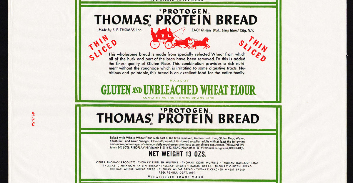Vintage bread wrapper THOMAS PROTEIN BREAD dated 1954 horse carriage u ...