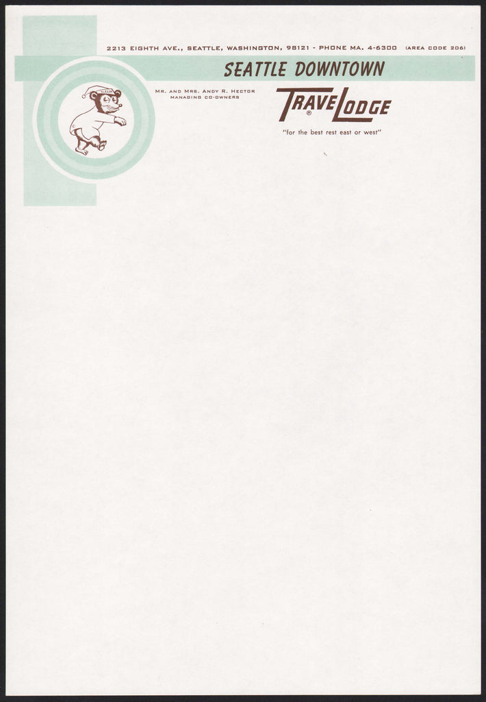 Vintage letterhead TRAVELODGE Sleepy the Bear pictured Seattle Downtow ...