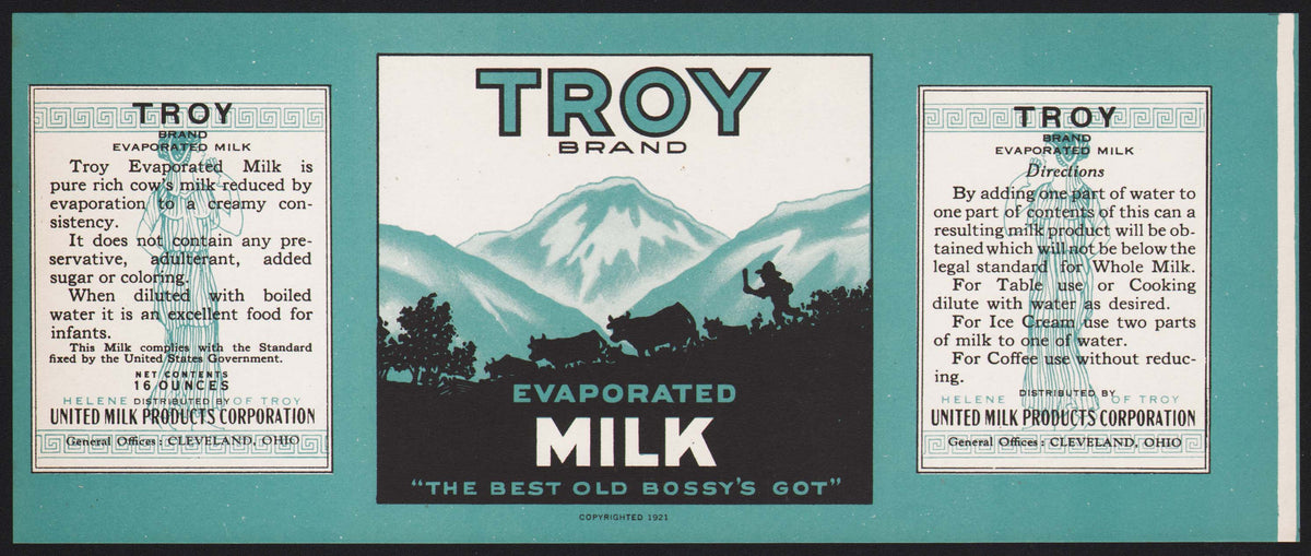 Vintage label TROY EVAPORATED MILK Helene of Troy 1921 United Clevelan ...