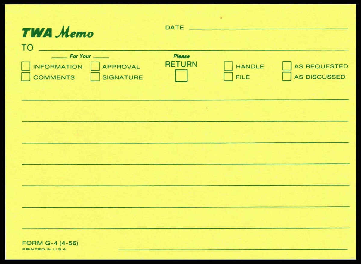 Vintage TWA MEMO sheet Form G-4 dated 1956 unused new old stock n-mint ...