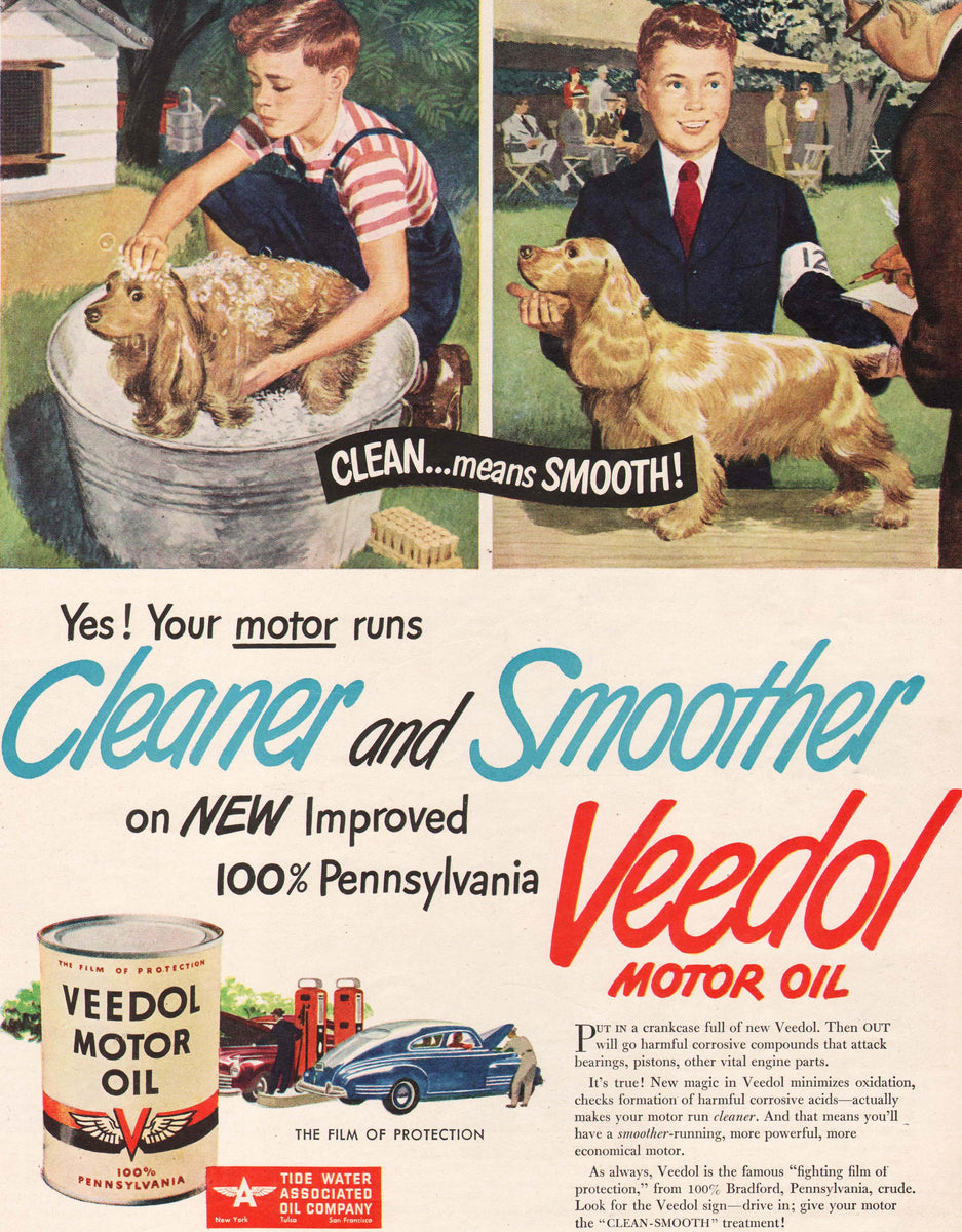 Vintage magazine ad VEEDOL MOTOR OIL Tide Water Oil Co 1947 boy dog pi ...
